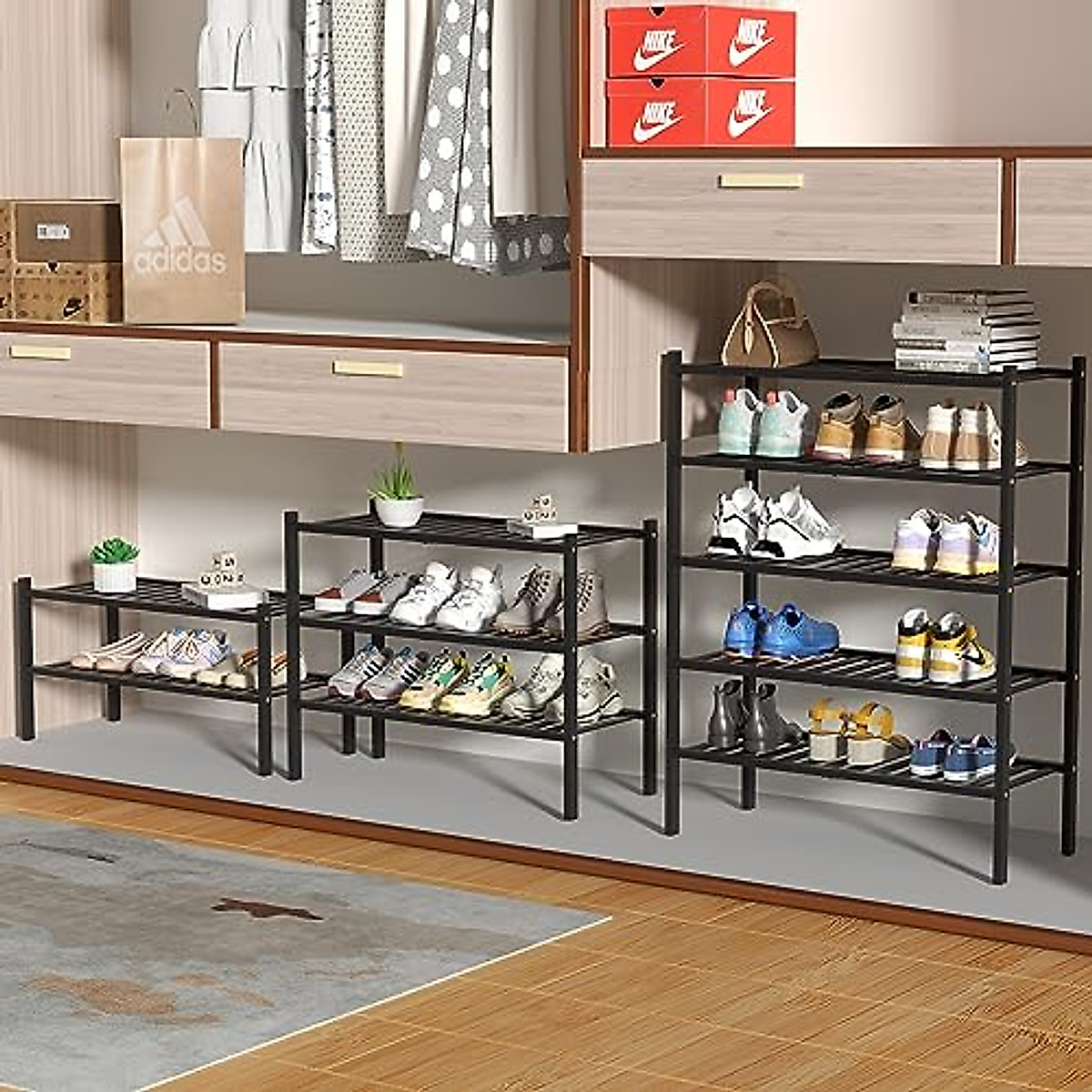 ROMGUAR CRAFT 5 Tier Bamboo Shoe Rack for Closet Free Standing Wood Shoe Shelf for Entryway Small Space Stackable 27"x11"x33" (Black)