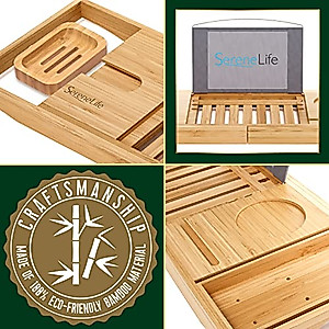 SereneLife Luxury Bamboo Bathtub Caddy, Extendable & Adjustable Tray with Device/Book Holder, Removable Trays for Bath Accessories (Natural)