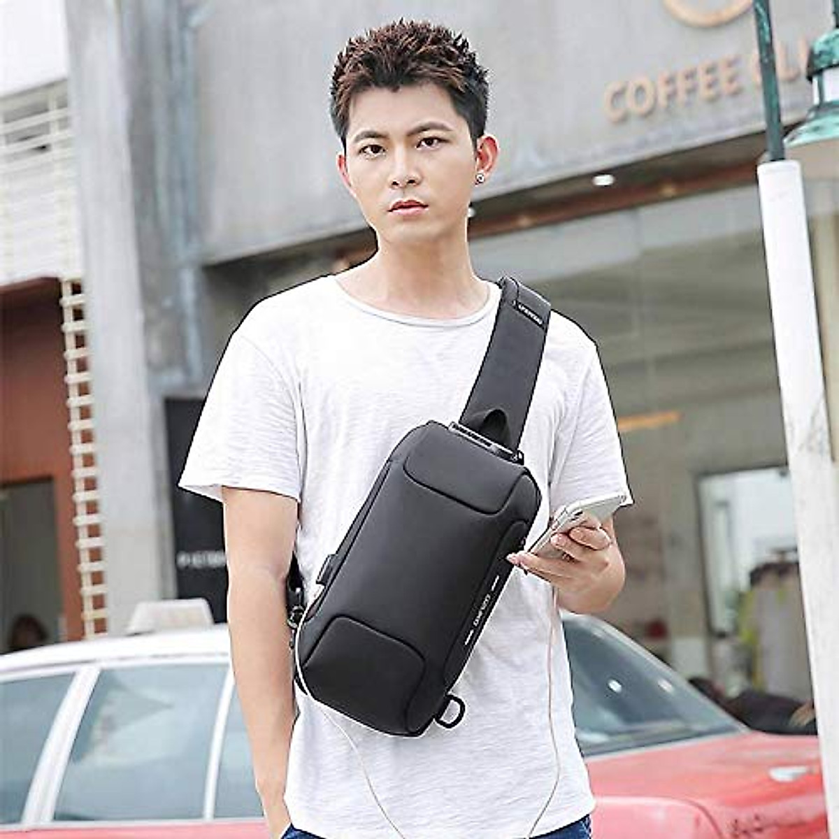 OZUKO Men Sling Backpack Nylon Water Resistant Shoulder Chest Crossbody Sling Bag with USB Charging Port Black (Camouflage)