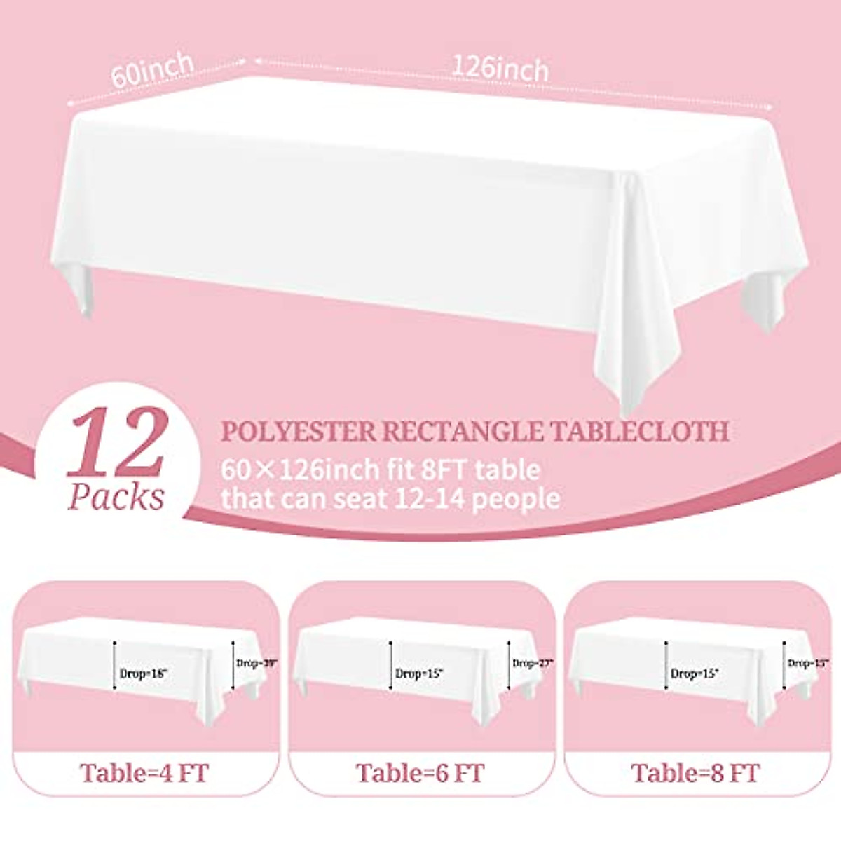Pesonlook 12 Pack White Tablecloth-60 x 126Inch Rectangle Tablecloth Polyester Table Cloth for 8 Feet Rectangle Tables,Washable Fabric Table Cover for Wedding/Buffet Party/Dining Table/Events