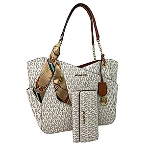 MICHAEL Michael Kors Jet Set Travel Large Chain Shoulder Tote bundled with Michael Kors Jet Set Travel Trifold Wallet (Signature MK Vanilla)