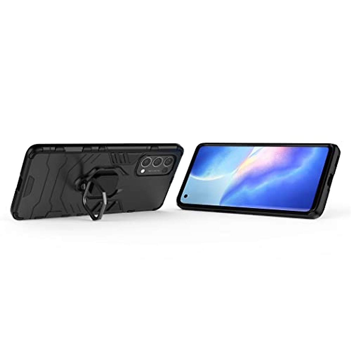 Compatible with Oppo Reno 5 Pro 5G Case, Metal Ring Grip Kickstand Shockproof Hard Bumper (Works with Magnetic Car Mount) Dual Layer Rugged Cover (Black)
