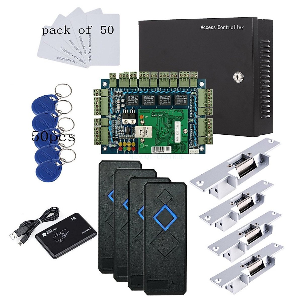 MENGQI-CONTROL TCP/IP 4 Door Entry Access Control Panel Kit Electric Strike Fail Secure NO Mode Lock Enroll RFID USB Reader 110-240V Power Supply Box RFID Reader Phone APP remotely Open Door