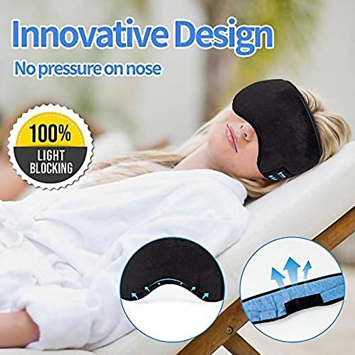 Bluetooth Shading Eye Mask Sleep Bluetooth Eye Mask Talking On The Phone Music Sleep Eye Mask 17.7x4.5in (Black)