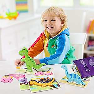 6 Pieces Set of Wooden Dinosaur Puzzles for Children 1-5 Years Old, Wooden Puzzles for Montessori Learning for Toddlers, Preschool Educational Toys, 3D Dinosaur Puzzles for Boys and Girls Gift