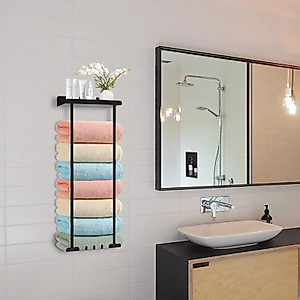 Filta Towel Rack with Shelf for Bathroom Wall Mounted,Retractable Height Metal Bath Towel Rack with Reliable Hooks Storage for Rolled Towel（Black）