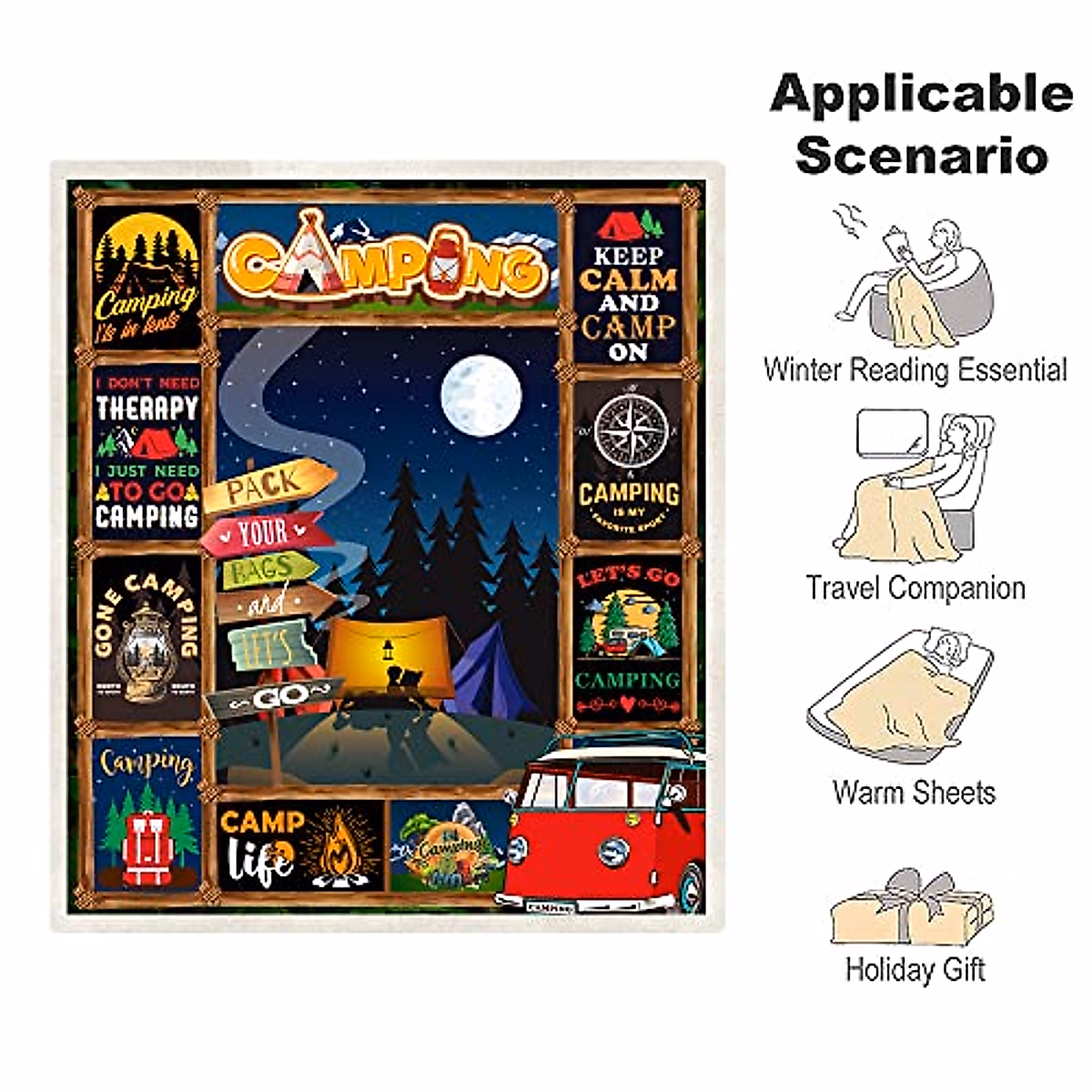 Onecmore Camping Blanket for Women and Men Gifts for Camping Lovers Happy Camping Camping Bus Soft Lightweight Warm and Comfortable Throw Blanket Blanket for Living Room Couch Chair Bed Sofa 50"x60"