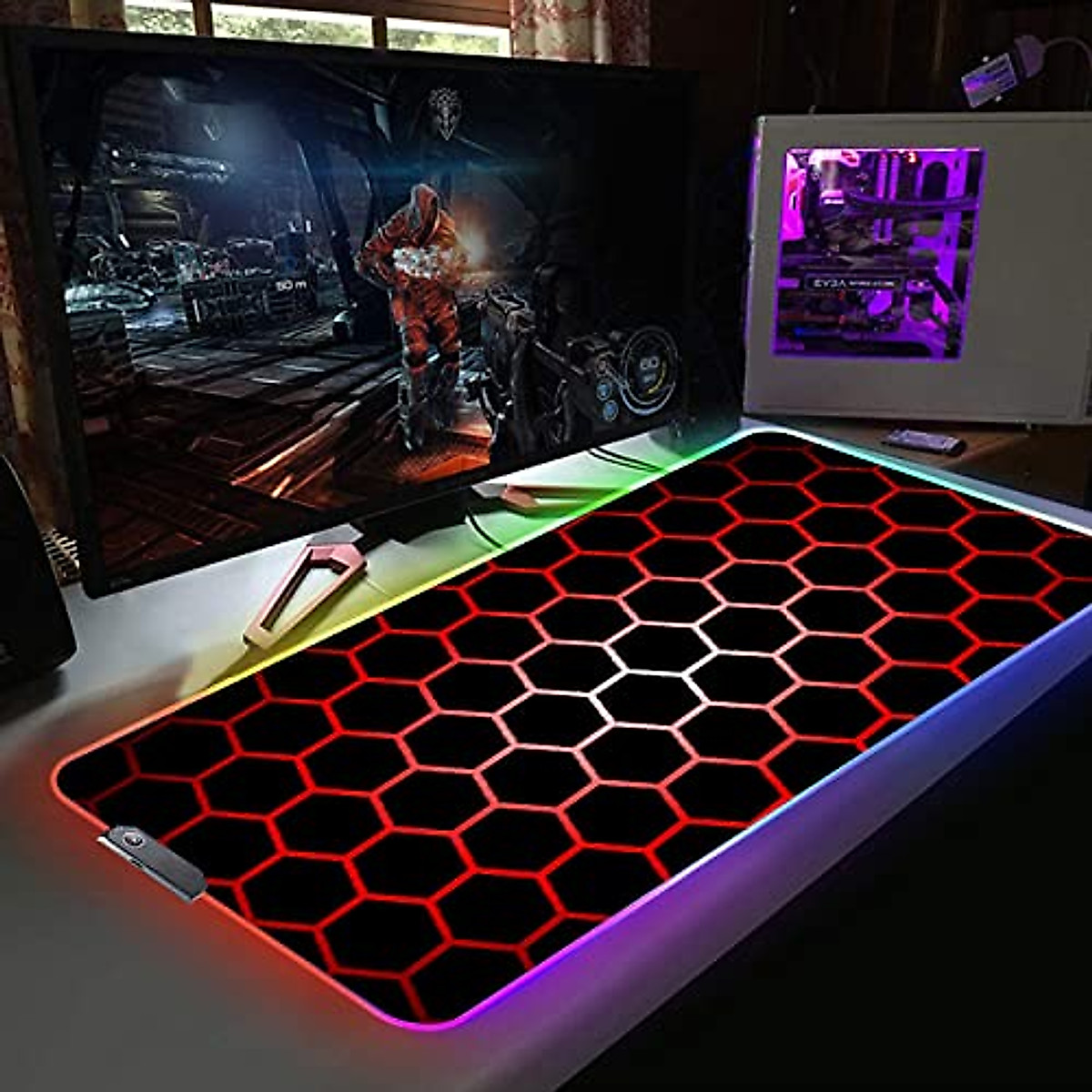 Gaming Mouse Pads Extended red Black Hexagon Art Pattern Anime LED Mouse Pad Large RGB Gaming Mousepad Desk Mat for PC Laptop,300X700mm