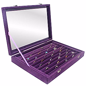 Ring Organizer Display Case ~ 11 Rows Multiple Ring Holder ~ Jewelry Tray Organizer With Studs ~ Ring & Earring Holder Storage Box For Shows With Transparent Lid (Purple)