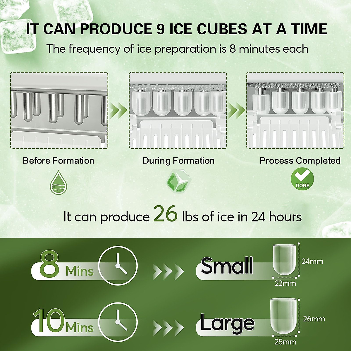 Zvoutte Portable Countertop Ice Maker Machine - Self-Cleaning Ice Makers with Ice Scoop and Basket, 9 Cubes in 8-10 mins, 26 lbs/24 Hours, for Home/Kitchen/Bar/Office/Camping (Black)