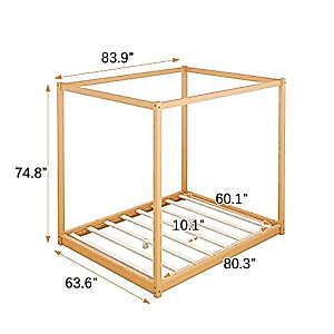 Merax Modern Queen Size Wood Canopy Bed Floor Platform Bed Frame/No Box Spring Needed/Easy Assembly, Nutural