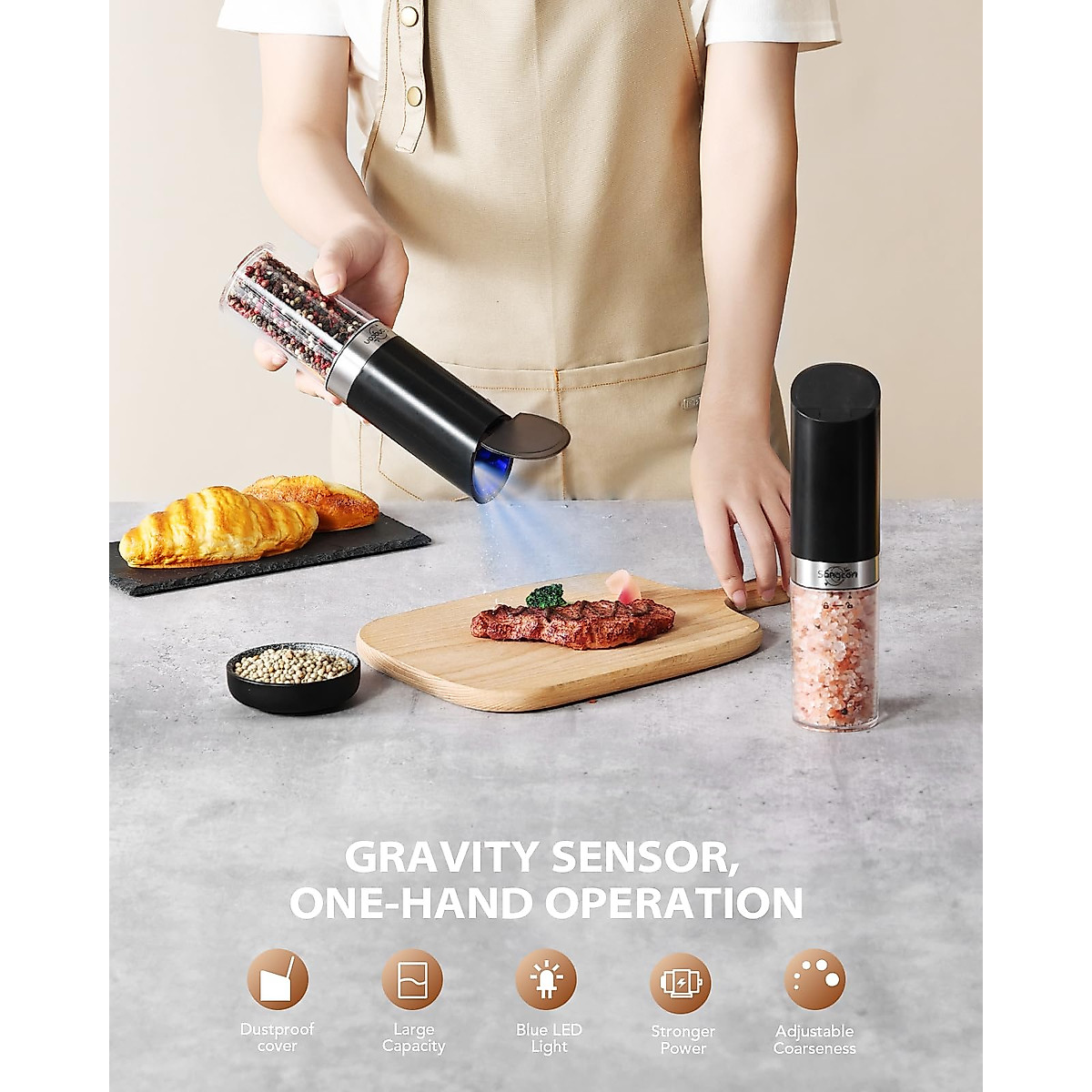 Sangcon Gravity Electric Salt and Pepper Grinder Set, Battery Salt and Pepper Mill Set with Dust Cover, 8 Oz Large Capacity Automatic Pepper Shaker with Light，Adjustable Coarseness, 2 Pack (Black)