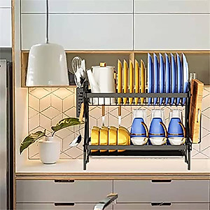 LIMORUNS Dishracks On Counter with Drainboard 2 Tier Set of Dish Drying Rack with Drainboard Utensils & Cutting Board Holder, Rustproof Large Black Dish Holders for Kitchen Counter