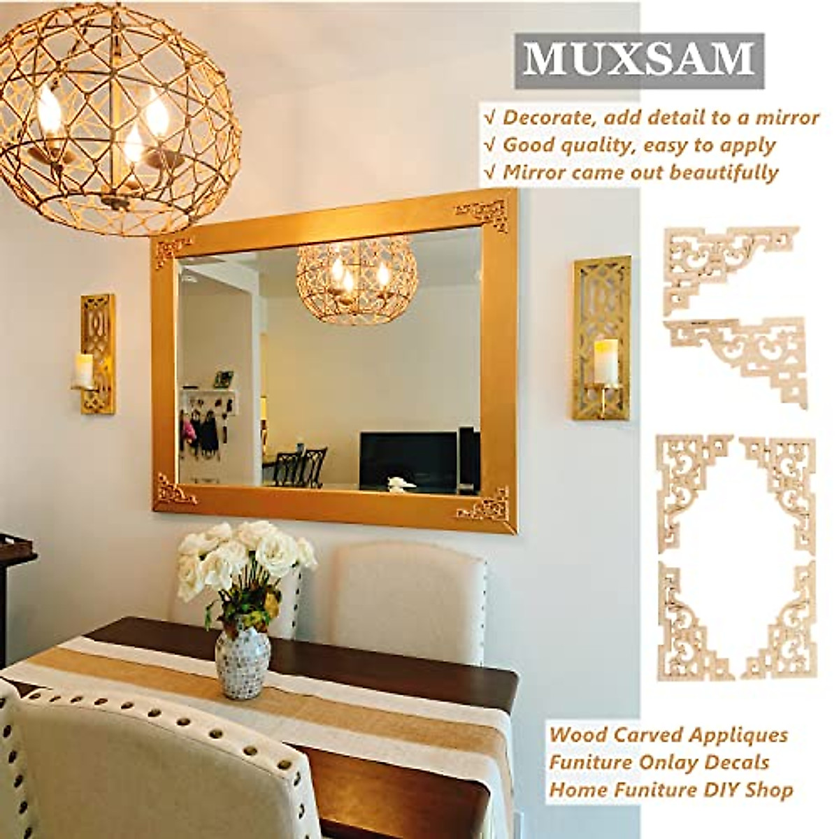 MUXSAM Wood Carved Corners Appliques, 4-Pack Little Wood Onlays, Retro Carvings Decals for Mirrors Doors Walls Shelves Boxes Chests Cabinets Dresser Old Futniture DIY Project, 15x10cm/5.9"x3.94"