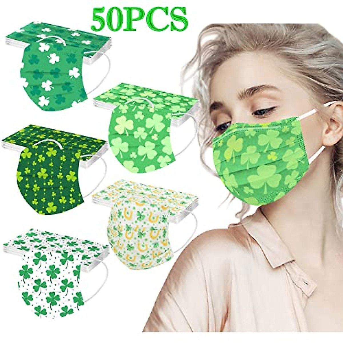 50Pack Women's Disposable St. Patrick's Day Masks Disposable Women Adult Green Anti-Dust Irish Clover St. Paddy's Day