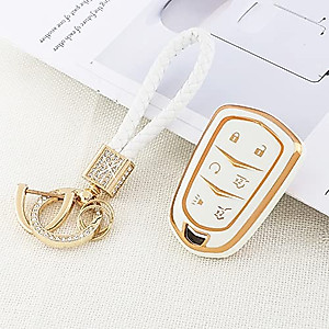 PIFOOG for Cadillac Escalade Key Fob Cover 2015 2016 2017 2018 2019 2020 Accessories 6 Buttons Keys Case Shell Full Covers Glitter Keychain Girly Women White Gold Soft TPU