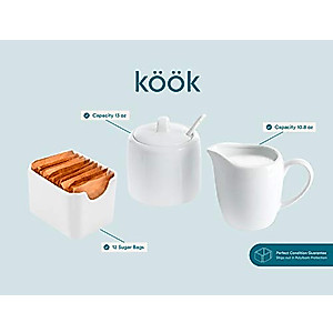 Kook Sugar and Creamer Set, 3 Piece, Pitcher, Sugar Bowl with Lid and Spoon, Sweetener Holder, White