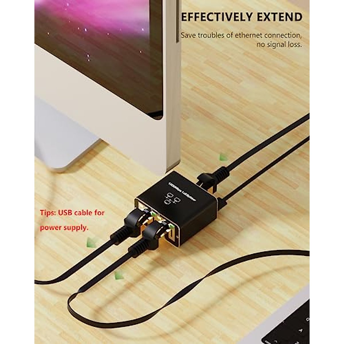 Ethernet Splitter, Gigabit RJ45 Ethernet Splitter 1 to 2, 1000Mbps Network Extension Connector with USB Power Cable, 8P8C Extender Plug for Cat5/5e/6/7/8 Cable (2 Devices Simultaneous Networking)