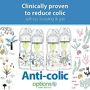 Dr. Brown’s Natural Flow® Anti-Colic Options+™ Wide-Neck Baby Bottle Designer Edition Bottles, Dinosaur and Ocean Design, 9 oz/270 mL, Level 1 Nipple, 4-Pack, 0m+