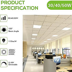 WEIZE LED Flat Panel Light, 30/40/50W, 0-10V Dimmable, CCT Selectable 4000K/5000K/6500K, 2x2 FT Recessed Back-Lit Drop Ceiling Light, Lay in Fixture for Office