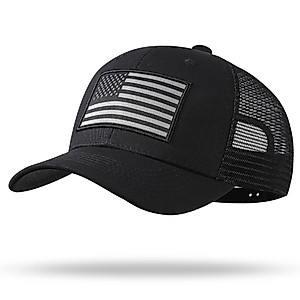 SIBOSHA American Flag Trucker Hat - Baseball Cap for Men & Women, Breathable Mesh, Adjustable Snapback Closure Black/Black