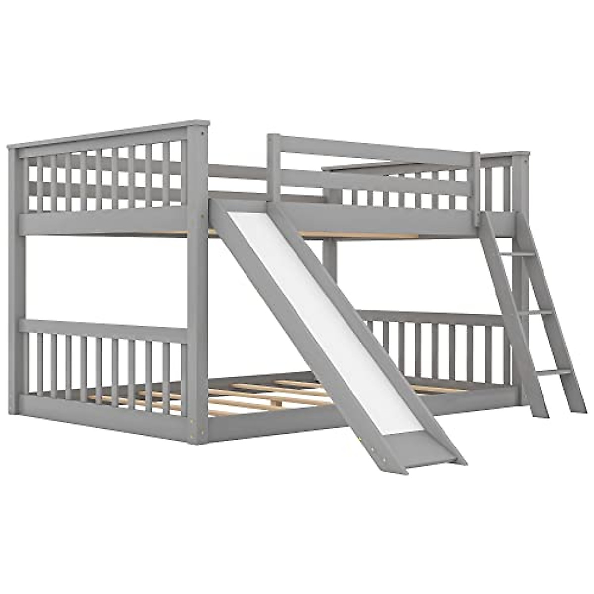GLORHOME Full Over-Full Wood Bunk Bed with with Convertible Slide and Ladder, Solid Slat Support Bedframe for Kids Teens Bedroom, No Box Spring Needed, Grey