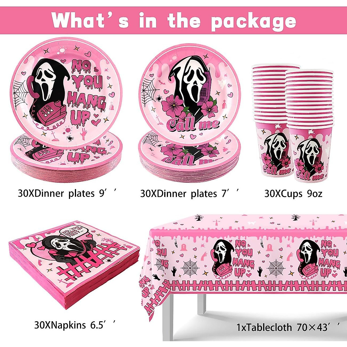 Halloween Decorations 121PCS Pink No You Hang Up Halloween Disposable Tableware Including Call Me Halloween Plates Halloween Cups Halloween Napkins and Halloween Tablecloths Serve 30