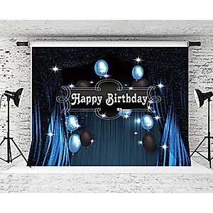 7x5 Happy Birthday Party Backdrop Blue Black Starry Curtain Photography Background Blue Ballon Starry Stars Women Adult Baby Children Man Boy Birthday Party Decoration Photo Studio Booth