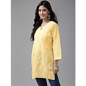 Ada Indian Hand Embroidered Chikankari Women's Cotton Top Tunic Shirt Blouse A911127 (XS, Yellow)