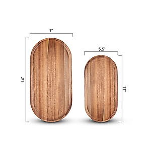 SPEShh Acacia Wooden Serving Trays Set of 2 - Rectangular Oval Shaped Wood Plates for Charcuterie Cheese Bread Fruit Vegetable Dip Sushi - Rustic Serving Platter Shallow Dishes -14x7 & 11x5.5 in.