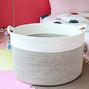 Casaphoria XXXLarge Cotton Rope Basket for Living Room - Woven Storage Basket with Handle for Blankets, Towels and Pillows Laundry Hamper | Cream white and Brown (22" x 22" x 14")