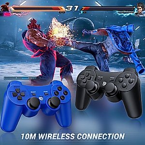 OKHAHA Controller 2 Pack for PS3 Wireless Controller for Sony Playstation 3, Double Shock 3, Bluetooth, Rechargeable, Motion Sensor, Remote for PS3 (No Stripes(Black + Blue))