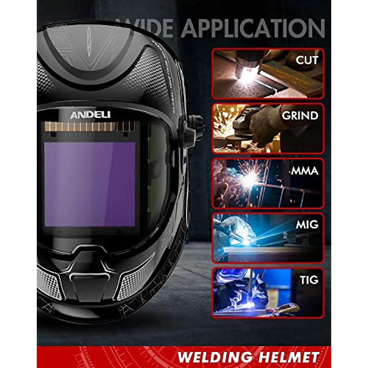 ANDELI Welding Helmet,Panoramic 180° Large Viewing True Color Solar Powered Auto Darkening Welding Helmet with Side View 4 Arc Sensor Wide Shade 4/5-8/9-13 Welder Mask for TIG MIG ARC Grinding Plasma