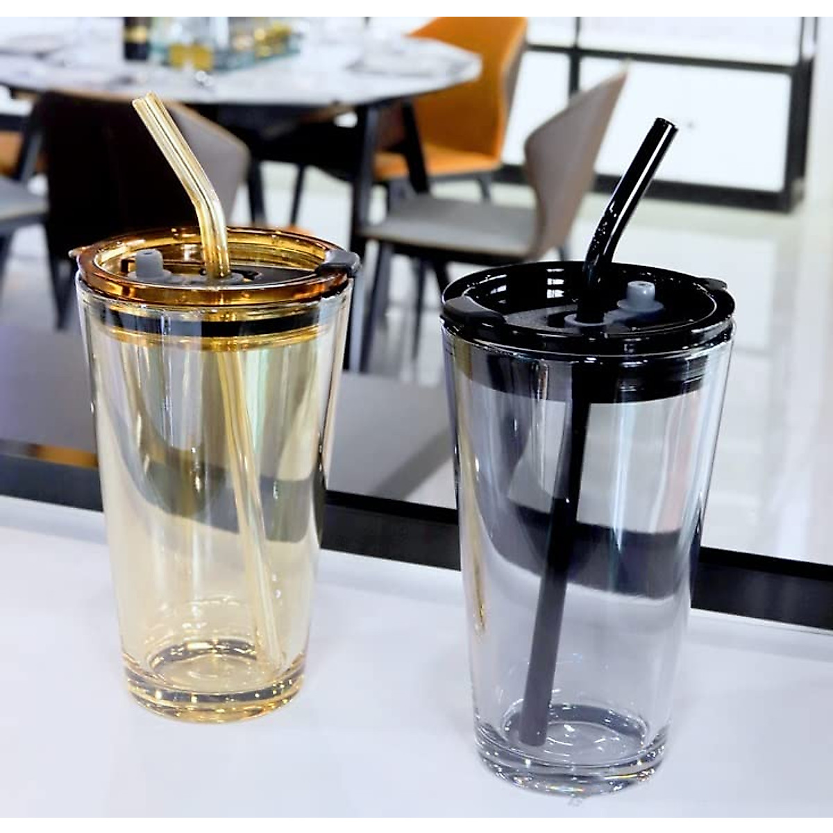 RYUHYF Straw cup, coffee cup, glass with straw and lid, double drink cup, milk cup, tea cup, ice coffee cup, car cup,set of 1 (16oz, Amber)
