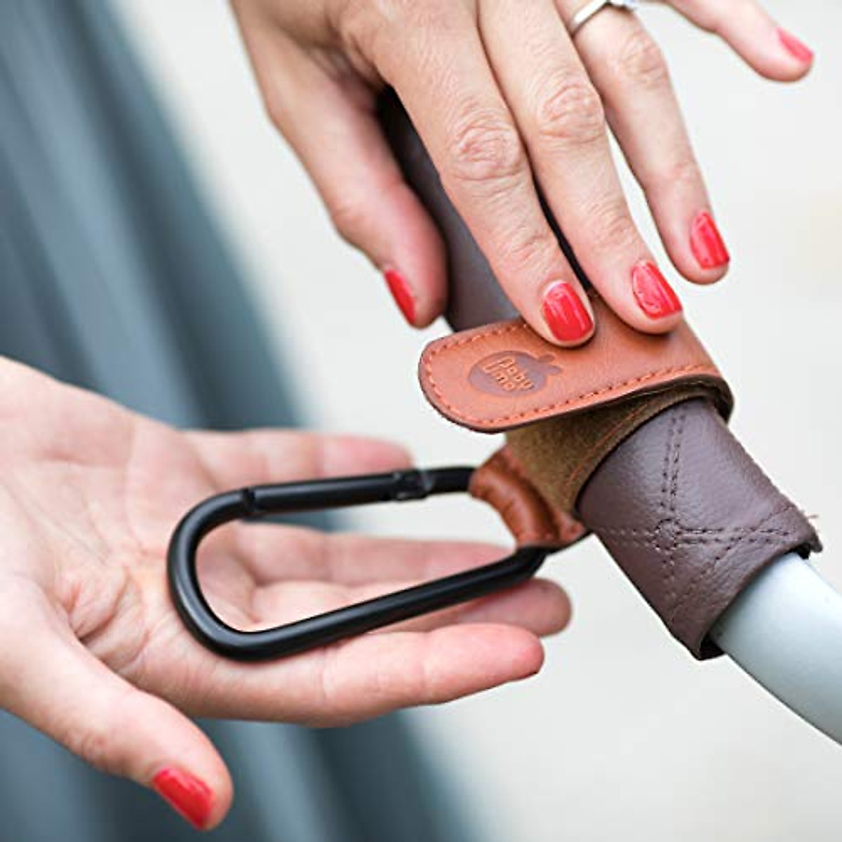 Brown Leather Style Stroller Hooks - Award-Winning Stroller Clips for Bags - MadeForMums & Lovedbyparents Award-Winning Stroller Bag Hook - 2-Pack by Baby Uma