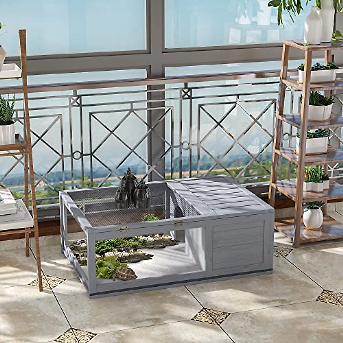 PawHut Wooden Tortoise House Indoor Turtle Habitat Enclosure Outdoor Reptile Cage for Lizards, Geckos, Gray