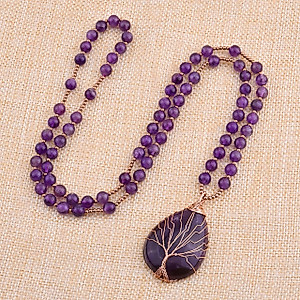 Top Plaza Healing Crystal Amethyst Necklace Natural Stone Beads Tree Life Wire Wrapped Teardrop Gemstone Pendant Jewelry for Women for Mom