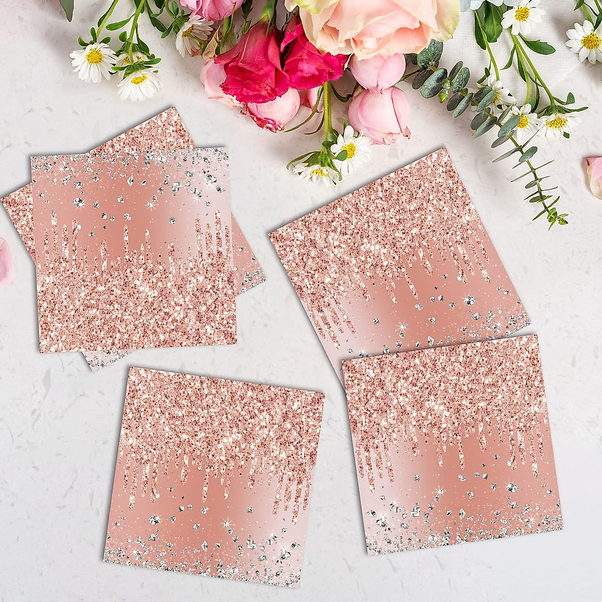 100 Pieces Rose Gold Birthday Napkins Pink Gold Birthday Party Decorations Supplies Pink Rose Gold Paper Disposable Napkin for Girls Women Diamond Theme Party Pink Rose Anniversary Wedding Party Favor