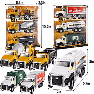 6 Packs Diecast Engineering Construction Transport Vehicles Truck Toys Set 1:50 Scale Pull Back Metal Model Car Garbage Truck Tanker Truck Delivery Truck Dump Truck Digger Truck Mixer Truck for Boys