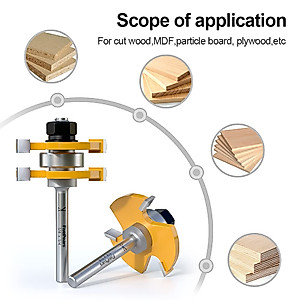 FivePears 2 Pieces of Tongue and Groove Router Bits Set with 1/4" Shank,3 Teeth T Shape Wood Milling Cutter Woodworking Tool