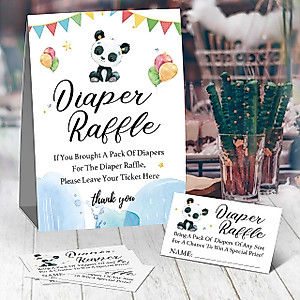 skuhyyg Diaper Raffle Tickets, Diaper Raffle Sign, Baby Shower Game Kit, Panda Bunting Raffle Insert Ticket，Watercolor Panda Balloon Baby Shower Decorations (1 Sign+50 Cards)