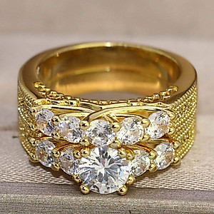 Gy Jewelry His and Hers Wedding Ring Sets Couples Matching Rings Women Yellow Gold Plated Cubic Zirconia Wedding Engagement Ring Bridal Sets & Men's Stainless Steel Wedding Band