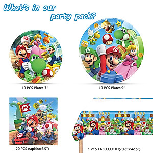 Mario Birthday Party Supplies, 20 Plates, 20 Napkins and 1 Tablecover for Mario Party Supplies, Mario Theme Party Decorations