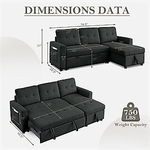Sectional Couch,78.5 Inch Convertible 3-Seater Pull Out Sleeper Sofa Bed,Comfy Upholstered L-Shaped Couch,Modern Modular Sofa with Reversible Storage Chaise for Living Room/Apartment/Office(Black)
