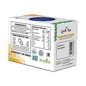QuikTea Vegan Turmeric Ginger Chai Tea Latte Mix - 10 Count Single Box - All Natural, Non GMO, Vegan Certified | Convenient & Easy Dairy Free Instant Chai Tea Mix | Healthy Coffee Alternative