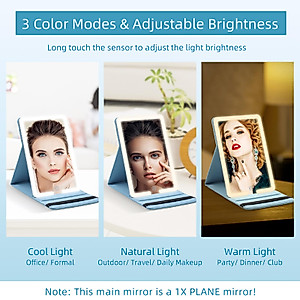 Travel Mirror with Light and Round 10X 20X Magnifying Mirror, PU Leather Travel Makeup Mirror with 3 Light Settings, Portable LED Lighted Makeup Mirror of 8 * 5.5inch, with 2000mAh (Set-Blue)