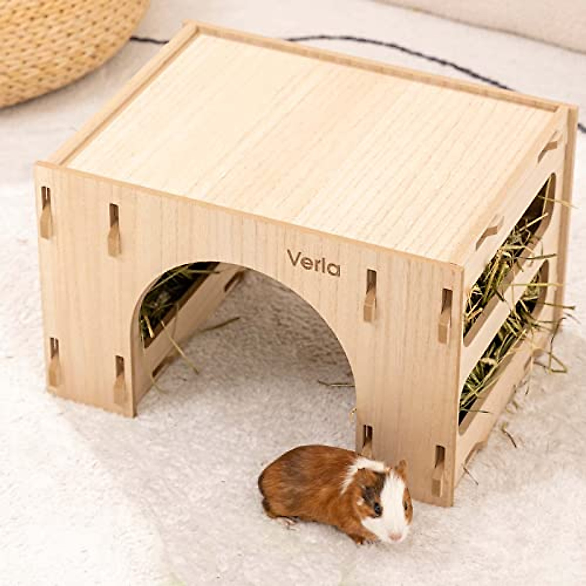 Clearance- Guinea Pigs Hay Feeder, 3-in-1 Double Hay Rack Wooden Hideout and Tunnel Combi for Bunny Rabbit Chinchila Guinea Pigs Family, HDF Durable Habitat Furniture