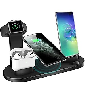 Multifunctional 4 in 1 Wireless Charger Fast Charging Dock Stand Desktop Charging Station (Black)