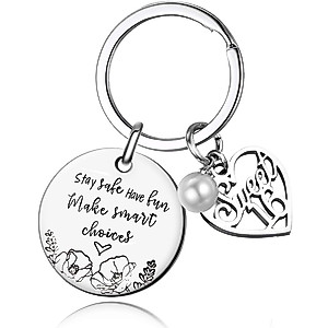 FAMOORE Stay Safe Have Fun Make Good Choices Sweet 16 Years Old Girl Gifts for Birthday, 16th teenage Drivers Keyring, New Driver or Graduation Keychain, Silver, Medium