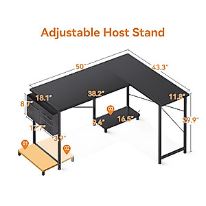 Casaottima 50 inch L Shaped Desk, Computer Desk with Removable PC Stand, Reversible Home Office Desk with Storage Bag for Gaming Writing, Corner Desk for Bedroom, Small Space, Black
